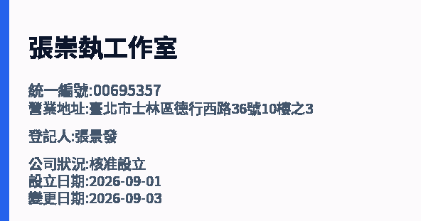 張崇埶工作室的照片-統編 00695357(臺北市) 公司登記資料與營業項目詳細圖表
