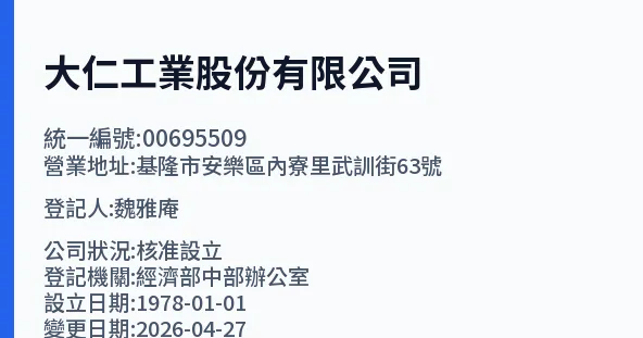 大仁工業股份有限公司的照片-統編 00695509(基隆市) 公司登記資料與營業項目詳細圖表
