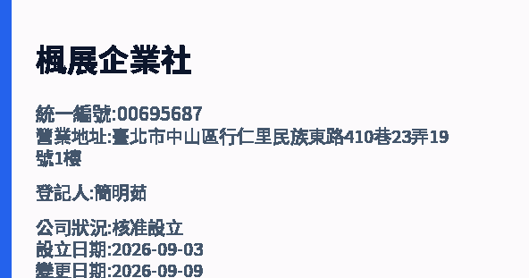 楓展企業社的照片-統編 00695687(臺北市) 公司登記資料與營業項目詳細圖表