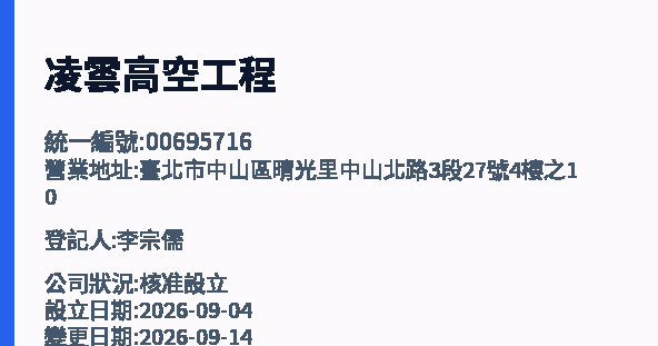 凌雲高空工程的照片-統編 00695716(臺北市) 公司登記資料與營業項目詳細圖表