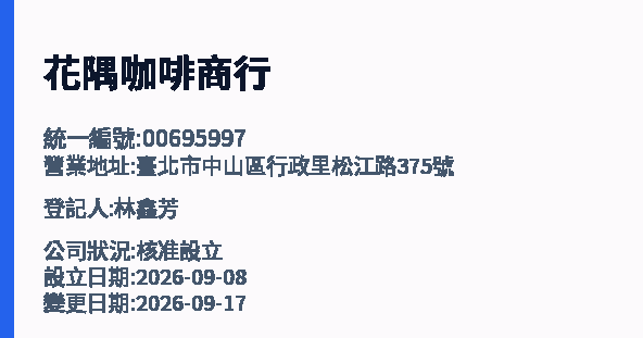 花隅咖啡商行的照片-統編 00695997(臺北市) 公司登記資料與營業項目詳細圖表