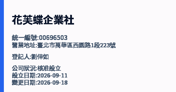 花芙蝶企業社的照片-統編 00696503(臺北市) 公司登記資料與營業項目詳細圖表