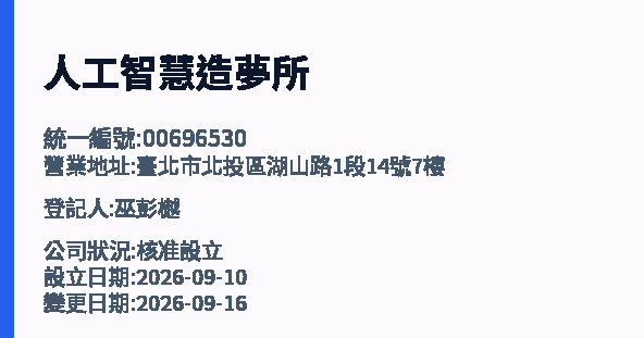 人工智慧造夢所的照片-統編 00696530(臺北市) 公司登記資料與營業項目詳細圖表