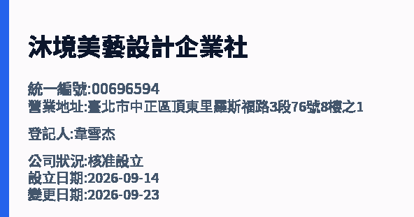 沐境美藝設計企業社的照片-統編 00696594(臺北市) 公司登記資料與營業項目詳細圖表