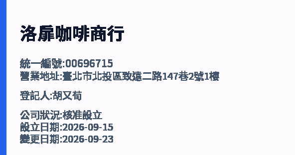 洛扉咖啡商行的照片-統編 00696715(臺北市) 公司登記資料與營業項目詳細圖表