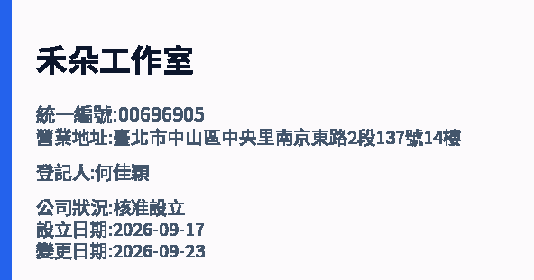禾朵工作室的照片-統編 00696905(臺北市) 公司登記資料與營業項目詳細圖表