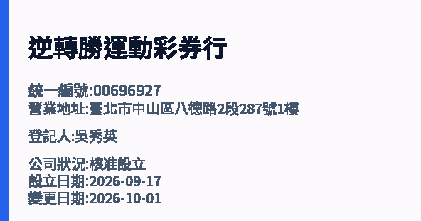 逆轉勝運動彩券行的照片-統編 00696927(臺北市) 公司登記資料與營業項目詳細圖表