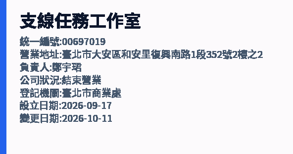 支線任務工作室的照片-統編 00697019(臺北市) 公司登記資料與營業項目詳細圖表