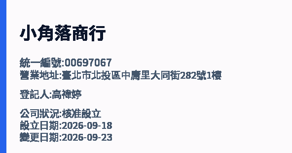 小角落商行的照片-統編 00697067(臺北市) 公司登記資料與營業項目詳細圖表
