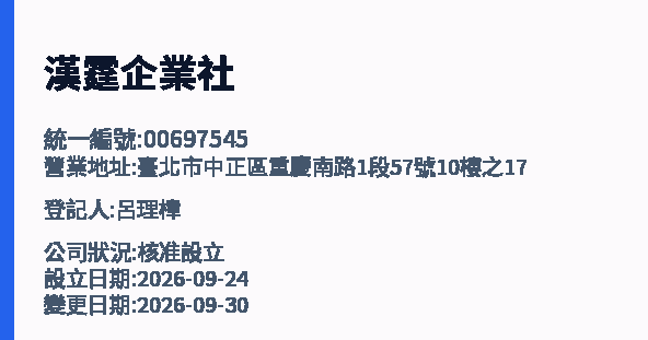 漢霆企業社的照片-統編 00697545(臺北市) 公司登記資料與營業項目詳細圖表