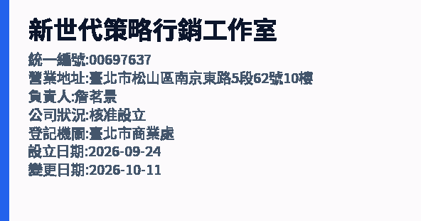 新世代策略行銷工作室的照片-統編 00697637(臺北市) 公司登記資料與營業項目詳細圖表