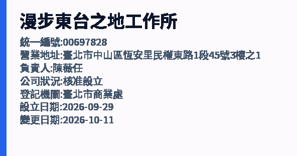 漫步東台之地工作所的照片-統編 00697828(臺北市) 公司登記資料與營業項目詳細圖表