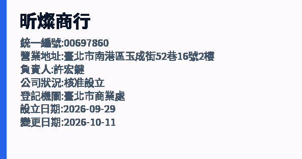 昕燦商行的照片-統編 00697860(臺北市) 公司登記資料與營業項目詳細圖表