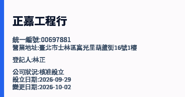 正嘉工程行的照片-統編 00697881(臺北市) 公司登記資料與營業項目詳細圖表