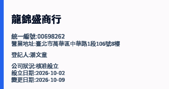 龍錦盛商行的照片-統編 00698262(臺北市) 公司登記資料與營業項目詳細圖表