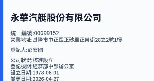 永華汽艇股份有限公司的照片-統編 00699152(基隆市) 公司登記資料與營業項目詳細圖表