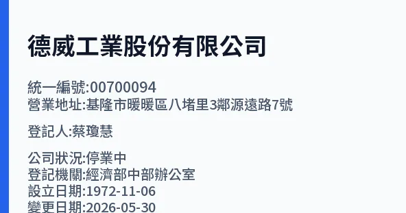 德威工業股份有限公司的照片-統編 00700094(基隆市) 公司登記資料與營業項目詳細圖表