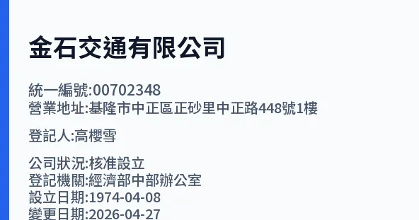 金石交通有限公司的照片-統編 00702348(基隆市) 公司登記資料與營業項目詳細圖表