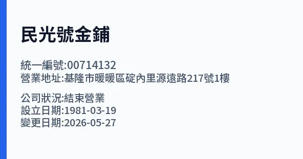 民光號金鋪的照片-統編 00714132(基隆市) 公司登記資料與營業項目詳細圖表