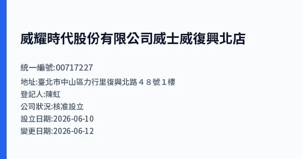威耀時代股份有限公司威士威復興北店的照片-統編 00717227(臺北市) 公司登記資料與營業項目詳細圖表