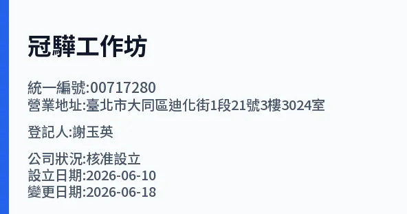冠驊工作坊的照片-統編 00717280(臺北市) 公司登記資料與營業項目詳細圖表