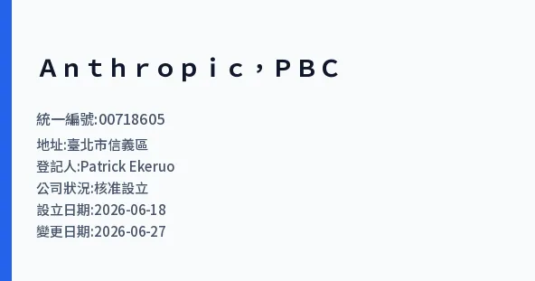 Anthropic, PBC的照片-統編 00718605(臺北市) 公司登記資料與營業項目詳細圖表