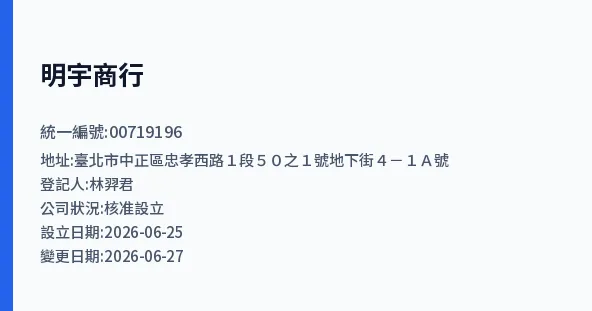 明宇商行的照片-統編 00719196(臺北市) 公司登記資料與營業項目詳細圖表
