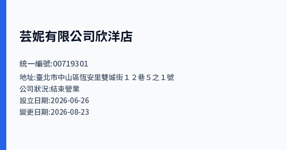芸妮有限公司欣洋店的照片-統編 00719301 公司登記資料與營業項目詳細圖表