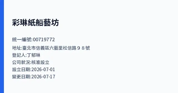 彩琳紙船藝坊的照片-統編 00719772(臺北市) 公司登記資料與營業項目詳細圖表
