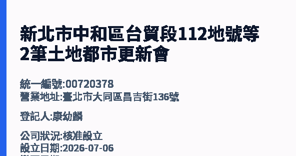 新北市中和區台貿段112地號等2筆土地都市更新會的照片-統編 00720378(臺北市) 公司登記資料與營業項目詳細圖表