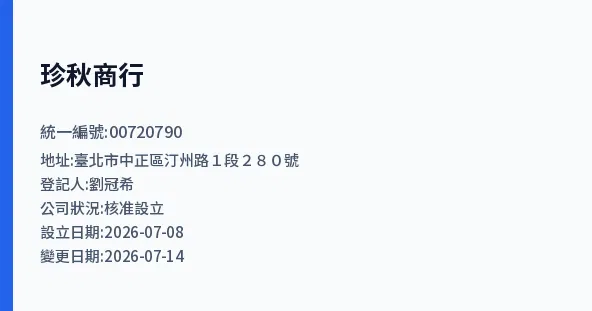 珍秋商行的照片-統編 00720790(臺北市) 公司登記資料與營業項目詳細圖表