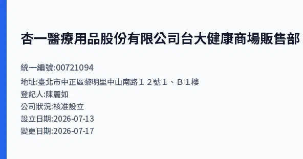 杏一醫療用品股份有限公司台大健康商場販售部的照片-統編 00721094(臺北市) 公司登記資料與營業項目詳細圖表