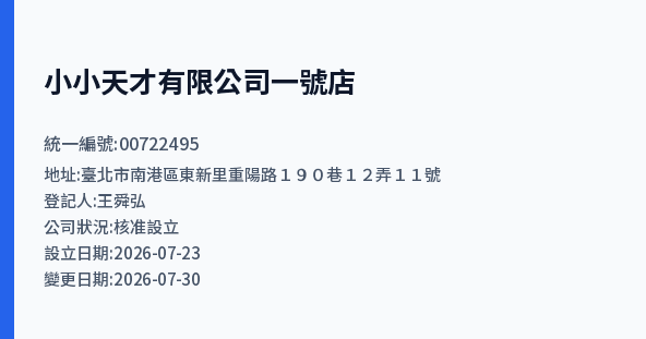 小小天才有限公司一號店的照片-統編 00722495(臺北市) 公司登記資料與營業項目詳細圖表