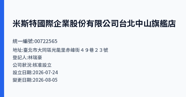 米斯特國際企業股份有限公司台北中山旗艦店的照片-統編 00722565(臺北市) 公司登記資料與營業項目詳細圖表