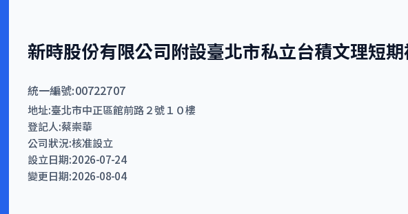 新時股份有限公司附設臺北市私立台積文理短期補習班的照片-統編 00722707(臺北市) 公司登記資料與營業項目詳細圖表