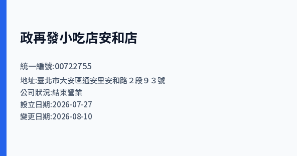 政再發小吃店安和店的照片-統編 00722755(臺北市) 公司登記資料與營業項目詳細圖表