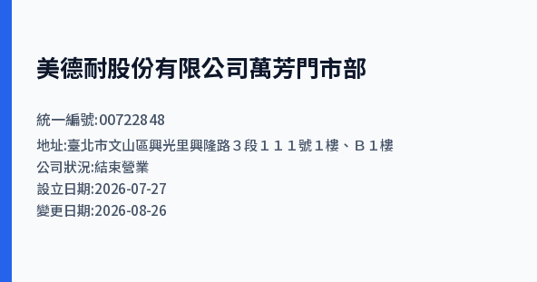 美德耐股份有限公司萬芳門市部的照片-統編 00722848(臺北市) 公司登記資料與營業項目詳細圖表
