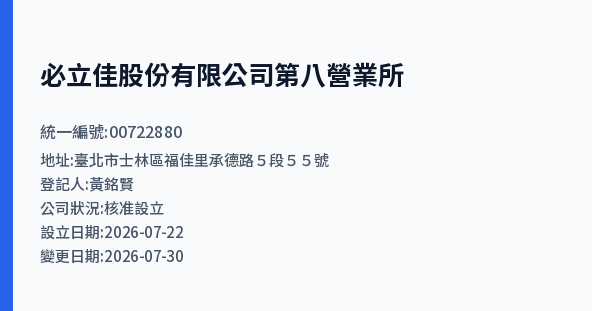 必立佳股份有限公司第八營業所的照片-統編 00722880(臺北市) 公司登記資料與營業項目詳細圖表