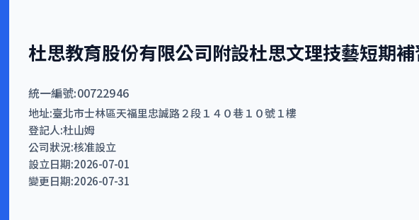 杜思教育股份有限公司附設杜思文理技藝短期補習班的照片-統編 00722946(臺北市) 公司登記資料與營業項目詳細圖表