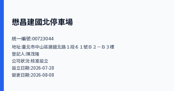 懋昌建國北停車場的照片-統編 00723044(臺北市) 公司登記資料與營業項目詳細圖表