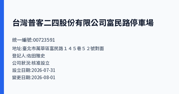 台灣普客二四股份有限公司富民路停車場的照片-統編 00723591(臺北市) 公司登記資料與營業項目詳細圖表