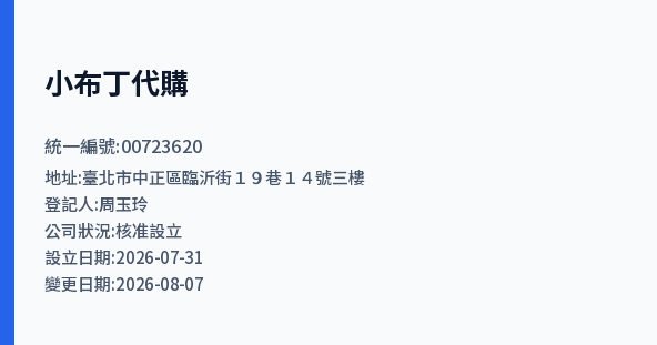 小布丁代購的照片-統編 00723620(臺北市) 公司登記資料與營業項目詳細圖表