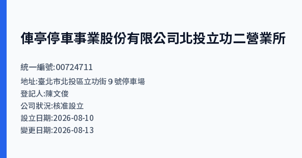俥亭停車事業股份有限公司北投立功二營業所的照片-統編 00724711(臺北市) 公司登記資料與營業項目詳細圖表