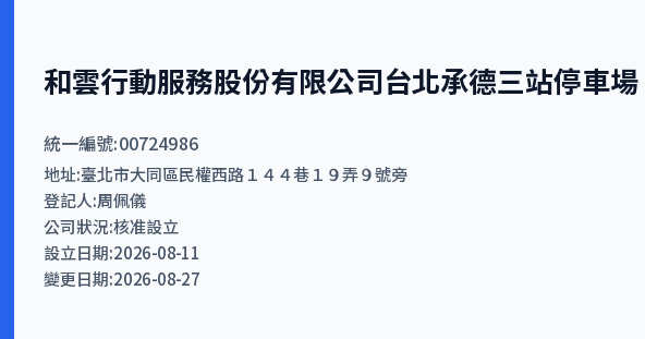 和雲行動服務股份有限公司台北承德三站停車場的照片-統編 00724986(臺北市) 公司登記資料與營業項目詳細圖表