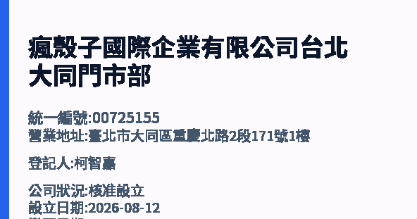 瘋殼子國際企業有限公司台北大同門市部的照片-統編 00725155(臺北市) 公司登記資料與營業項目詳細圖表