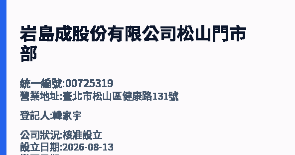 岩島成股份有限公司松山門市部的照片-統編 00725319(臺北市) 公司登記資料與營業項目詳細圖表