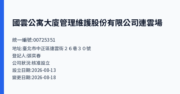 國雲公寓大廈管理維護股份有限公司連雲場的照片-統編 00725351(臺北市) 公司登記資料與營業項目詳細圖表