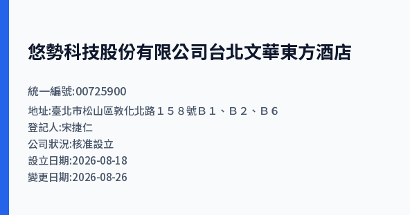 悠勢科技股份有限公司台北文華東方酒店的照片-統編 00725900(臺北市) 公司登記資料與營業項目詳細圖表