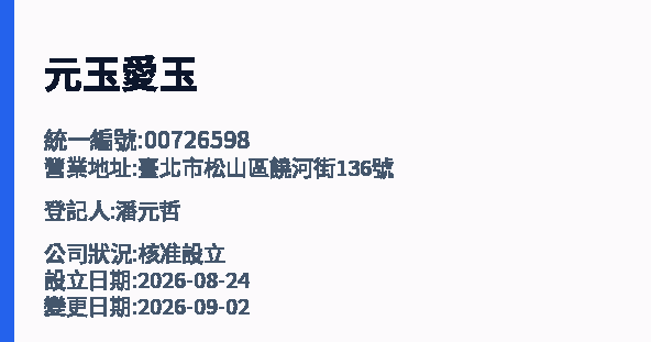 元玉愛玉的照片-統編 00726598(臺北市) 公司登記資料與營業項目詳細圖表