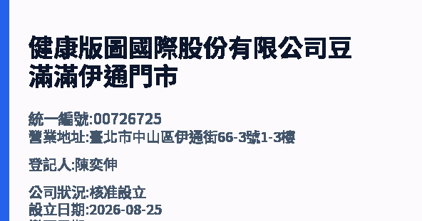 健康版圖國際股份有限公司豆滿滿伊通門市的照片-統編 00726725(臺北市) 公司登記資料與營業項目詳細圖表